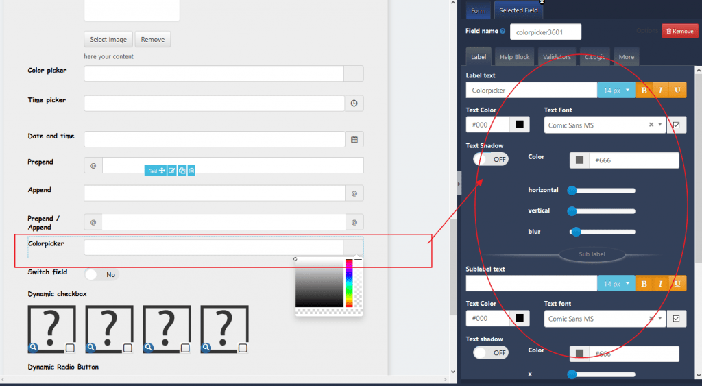 Color picker - PHP Cost Estimator Form Builder by Zigaform